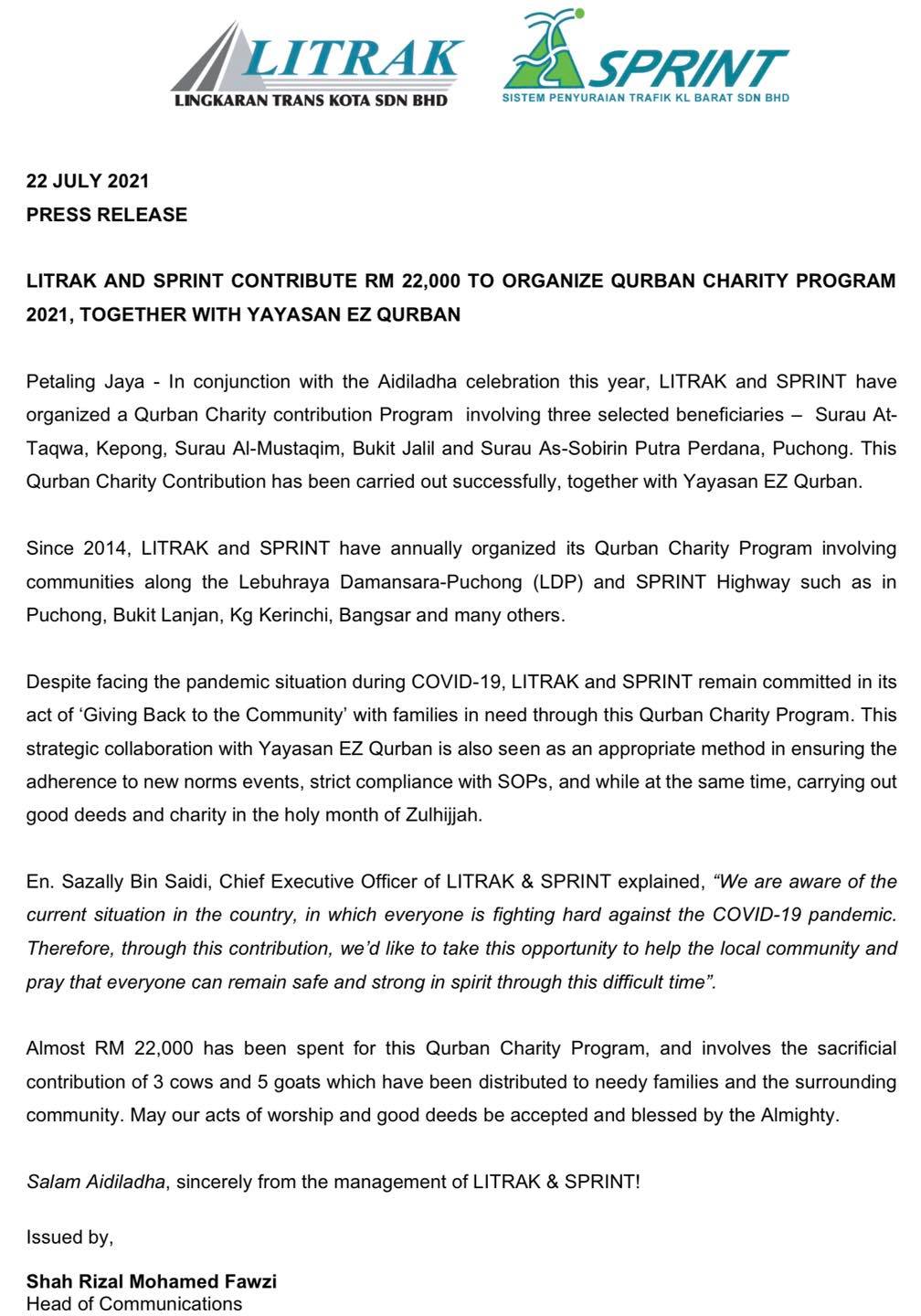 LITRAK & SPRINT Contribute RM22,000 to organize Qurban Charity Program ...